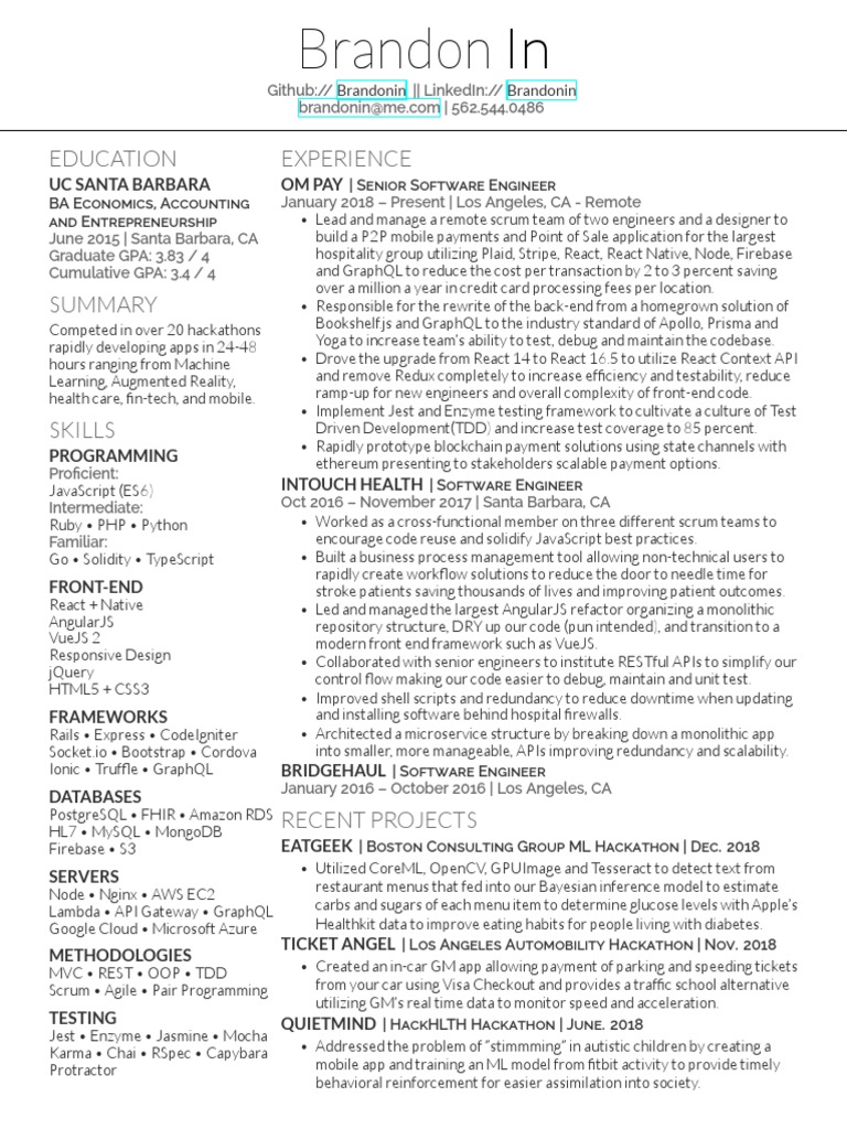 Brandon Resume B PDF | PDF | Angular Js | Information Technology Management