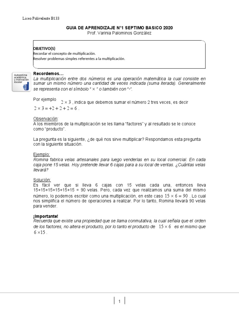 Guia Estudiante Matematica Septimo Basico. Adecuacion | PDF | Multiplicación | Enseñanza de ...