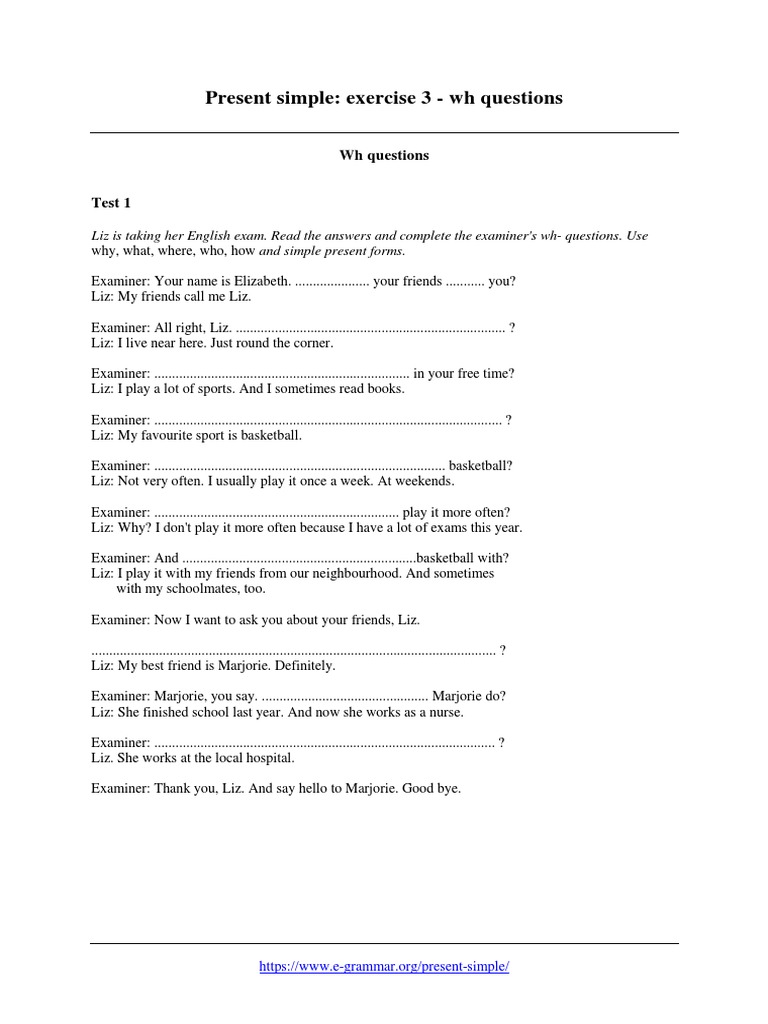 Present Simple: Exercise 3 - WH Questions | PDF | Question