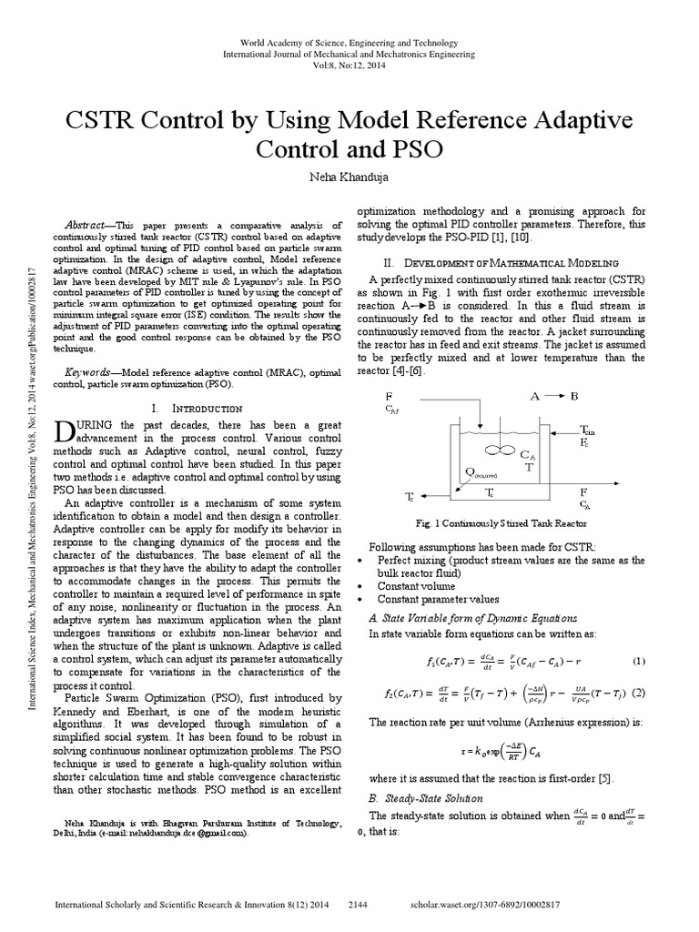 CSTR Control by Using Model Reference Adaptive Control and PSO | PDF ...