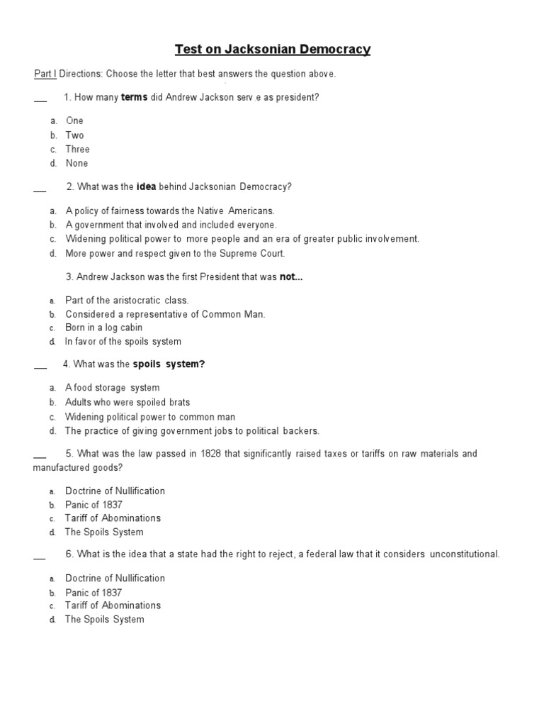 Jacksonian Democracy Quiz and Analysis | PDF | Andrew Jackson ...