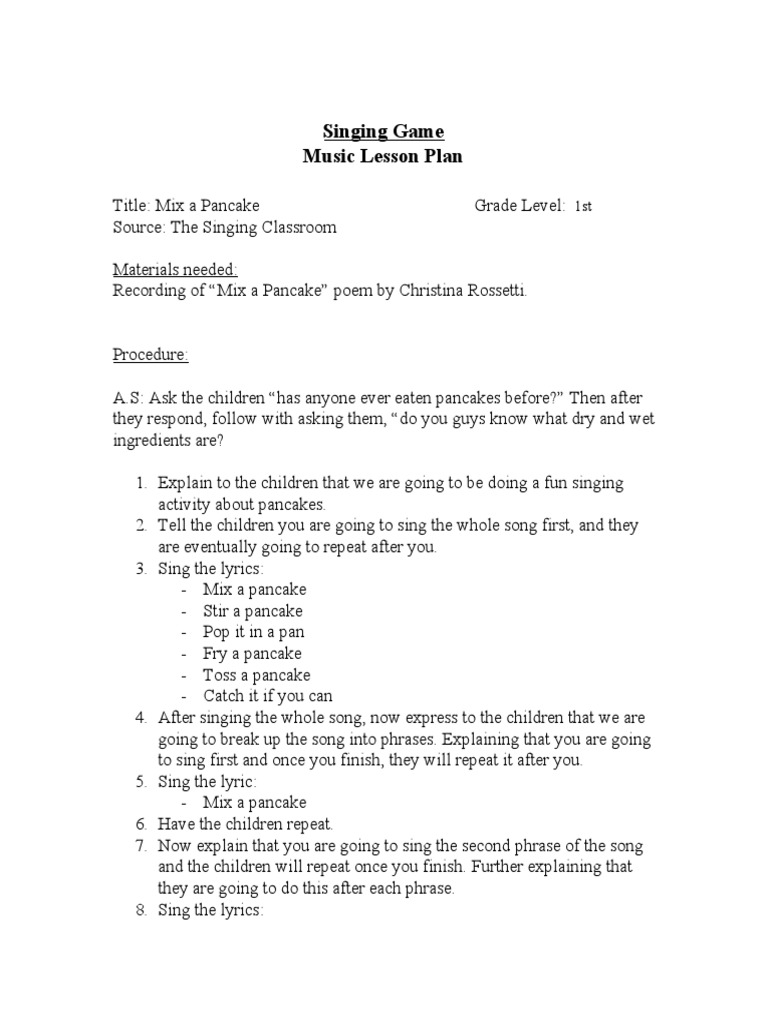 Pancake-Themed Singing Lesson Plan | PDF | Pancake | Cognition