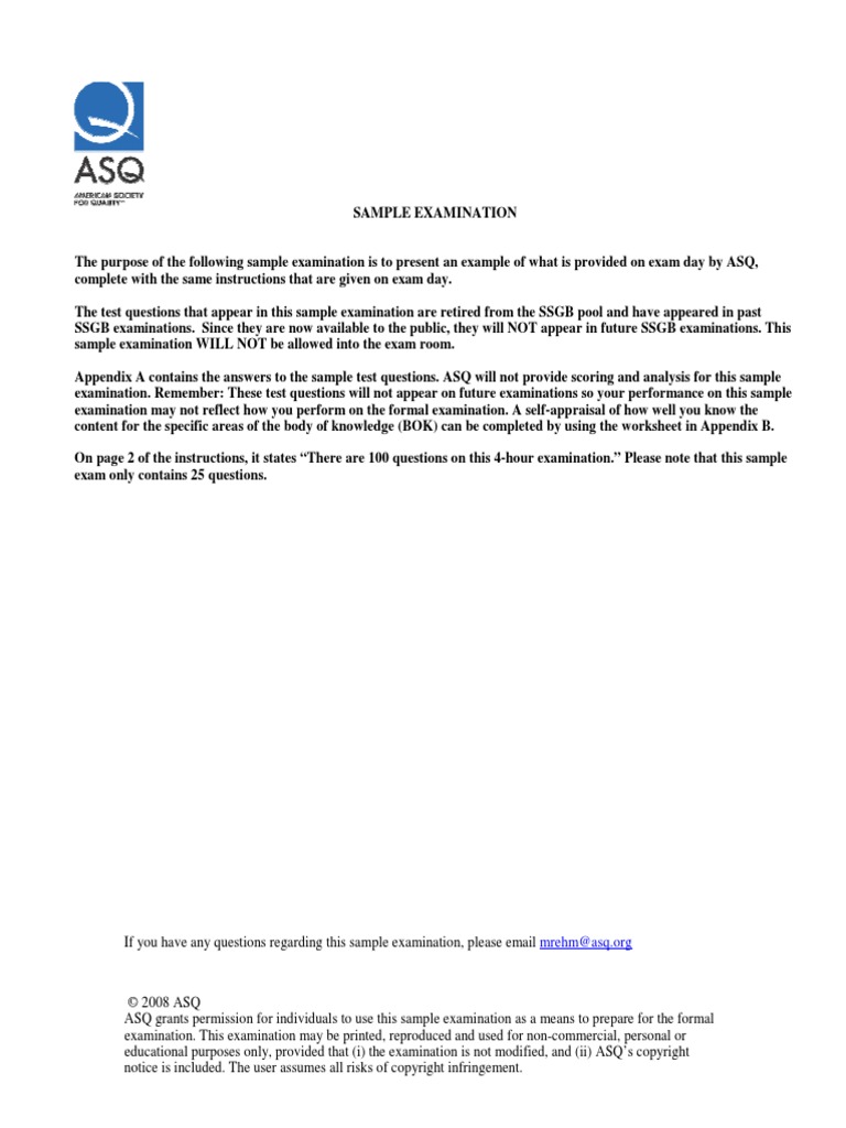 ASQ SSGB Sample Exam - ASQ - 2008.pdf | Test (Assessment) | Statistics