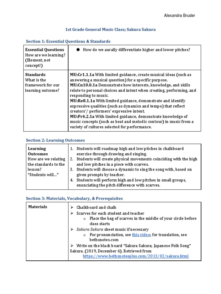 1st Grade General Music Class Sakura Sakura Section 1: Essential ...