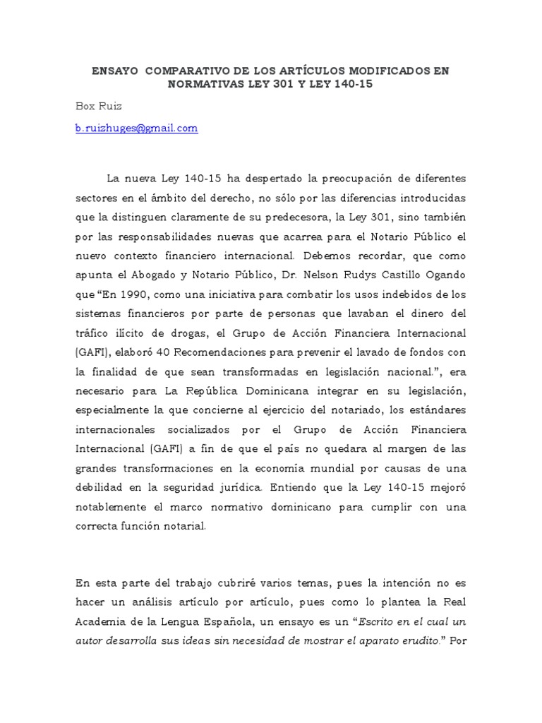ENSAYO COMPARATIVO Ley 301 y Ley 140-15 Primeros 30 Articulos | PDF ...