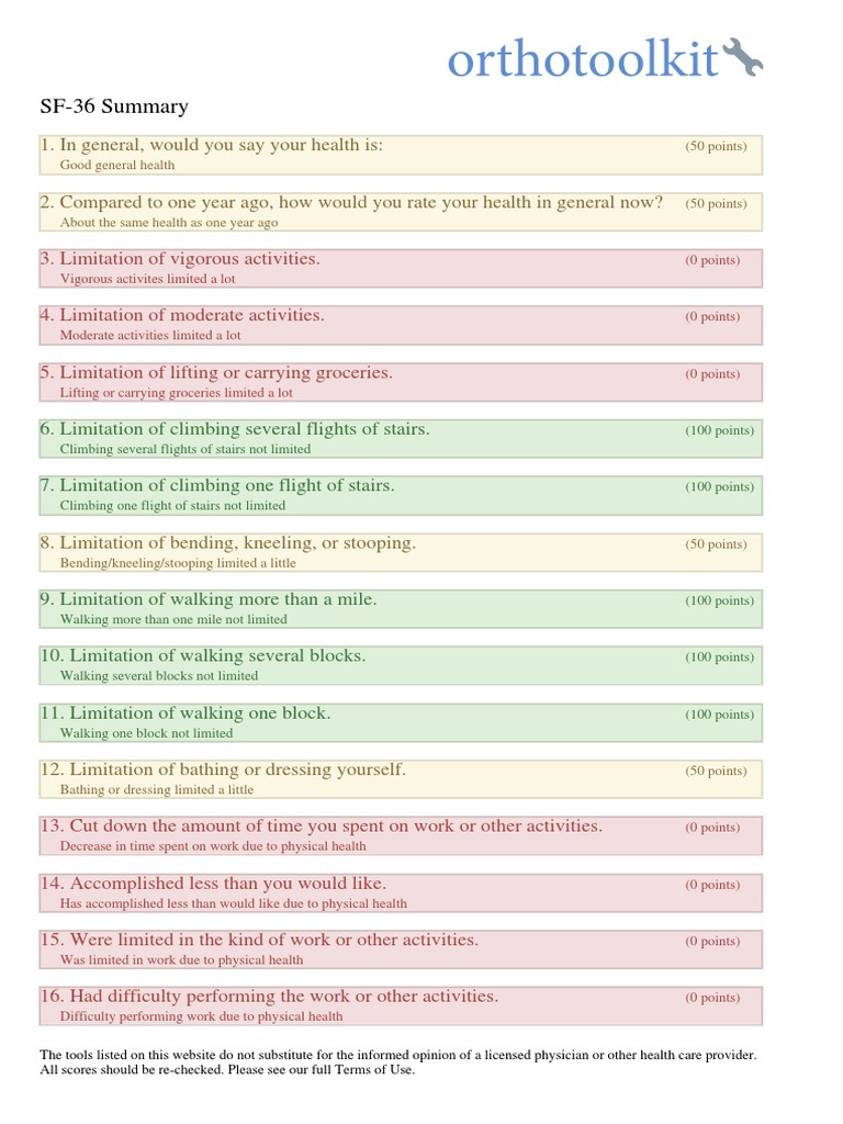 SF-36 Health Assessment Summary | PDF | Pain | Behavioural Sciences