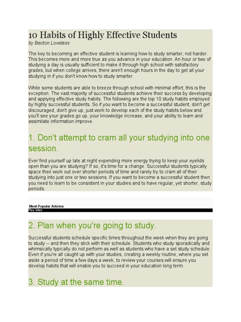 10 Habits of Highly Effective Students | PDF | Teachers | Early ...