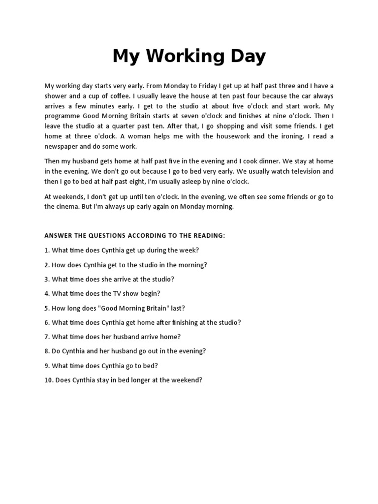 My Working Day: Answer The Questions According To The Reading | PDF