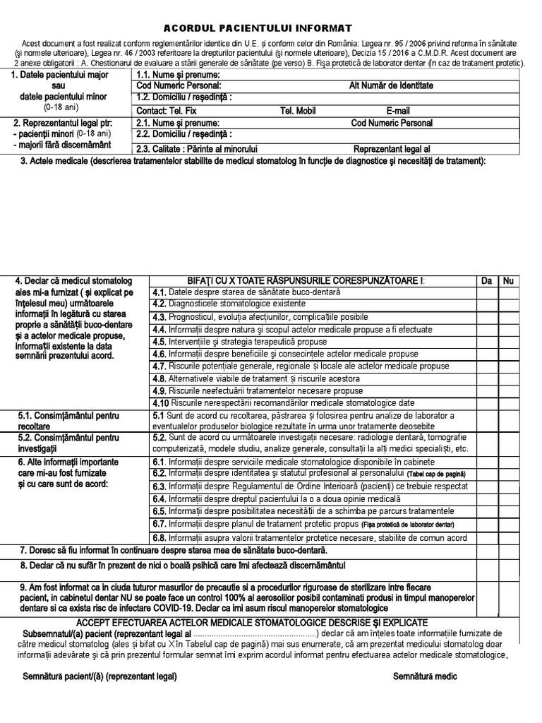 Acordul Pacientului Informat 2020 + Covid | PDF