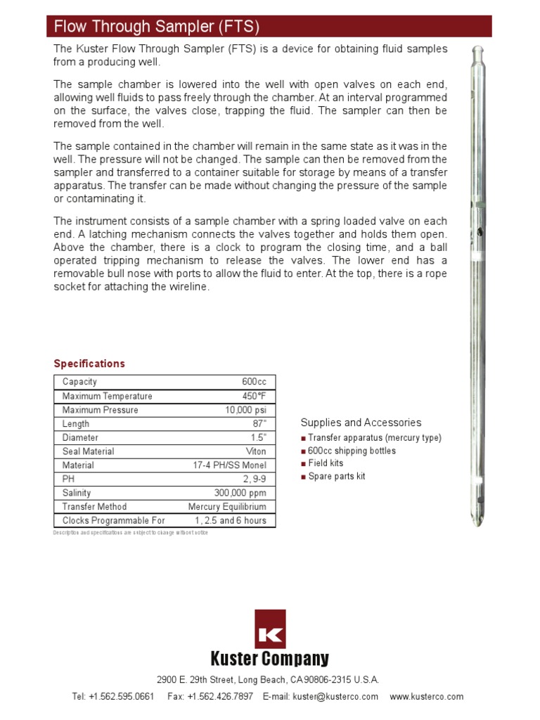 Flow Through Sampler (FTS) : Kuster Company | PDF | Valve | Pressure