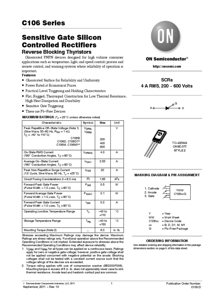 C106 Series Sensitive Gate Silicon Controlled Rectifiers: Reverse ...