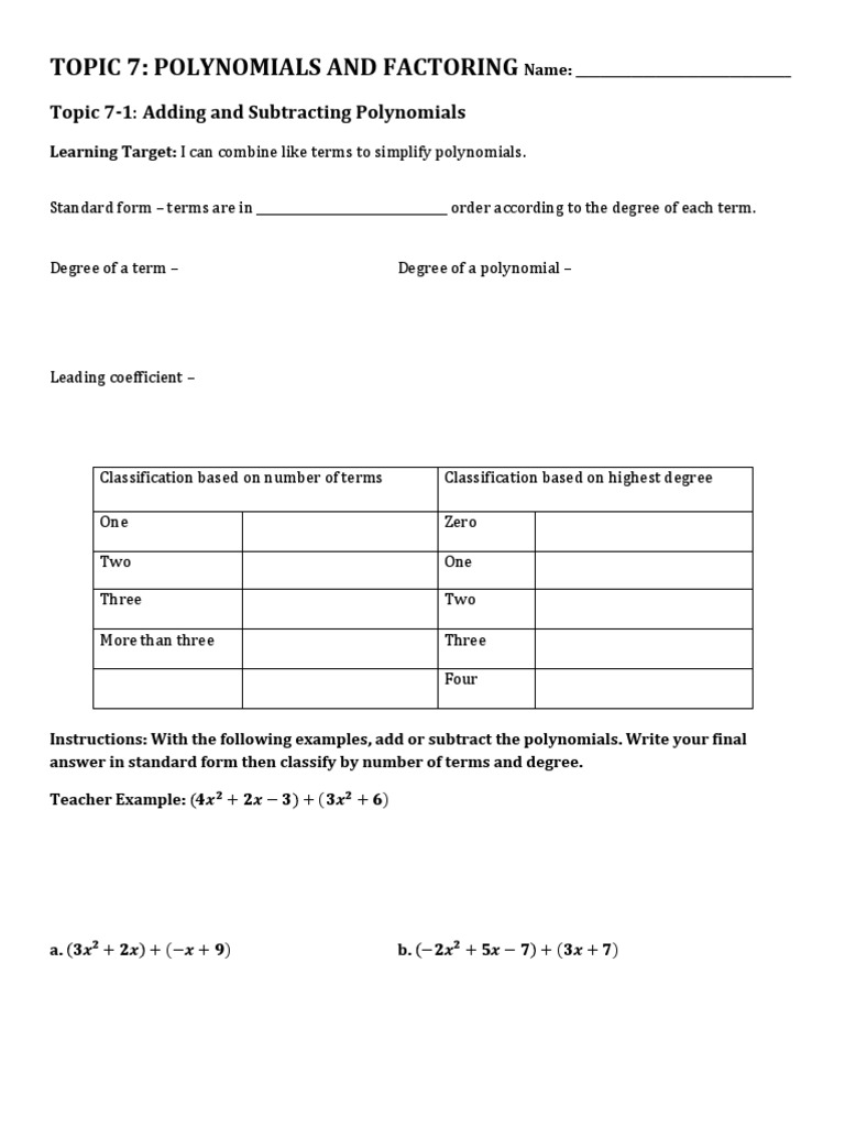Topic 7 Polynomials and Factoring Notes PDF | PDF | Factorization ...
