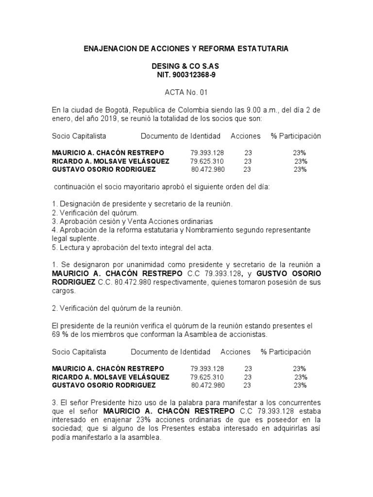 Acta de Venta de Acciones Desing & Co | PDF | Gobierno