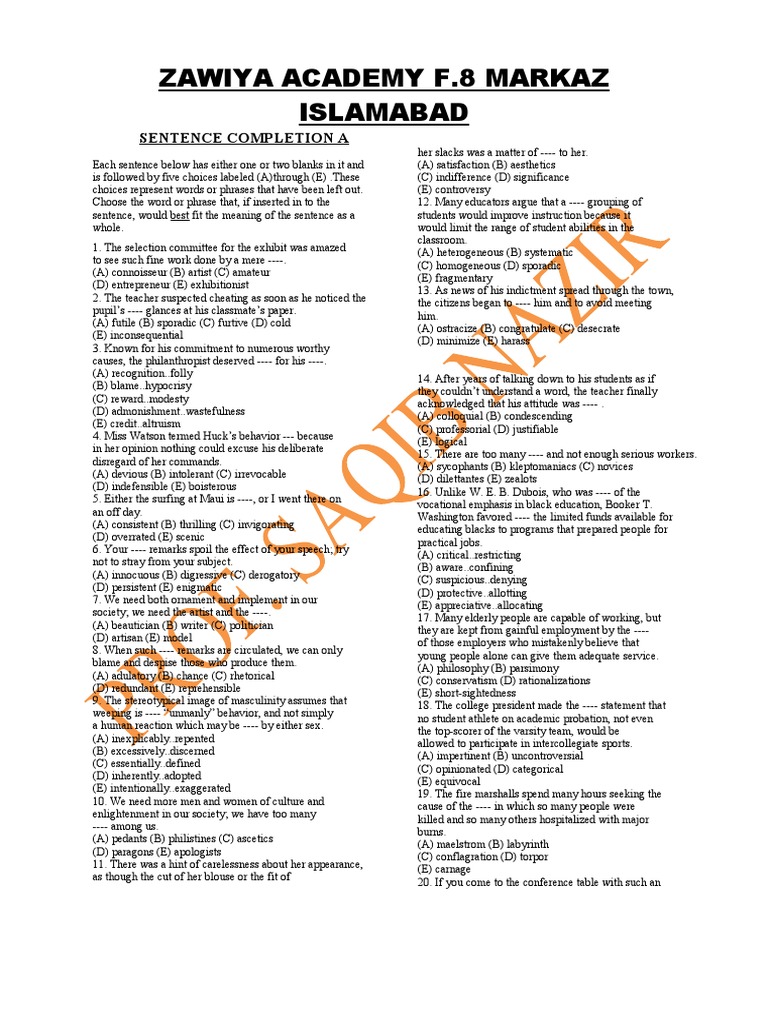 Sat Sentence Completion Practice Exercises | PDF