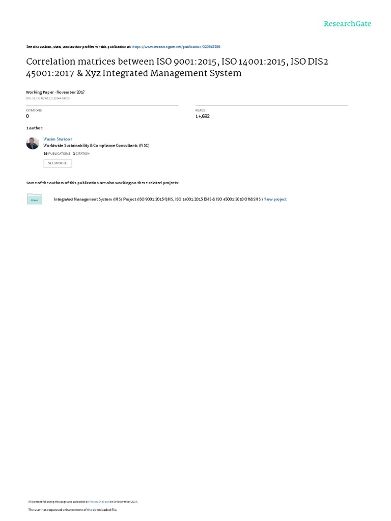 Correlation Matrices Between ISO 9001:2015, ISO 14001:2015, ISO DIS2 ...