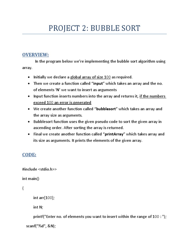 Project 2 Bubble Sort Overview Pdf 