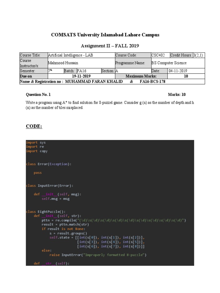 FA16-BCS-178 (AI ASSIGNMENT#2 8puzzle) | Download Free PDF | Applied Mathematics | Computer Science