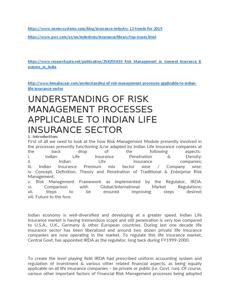Understanding of Risk Management Processes Applicable To Indian Life ...