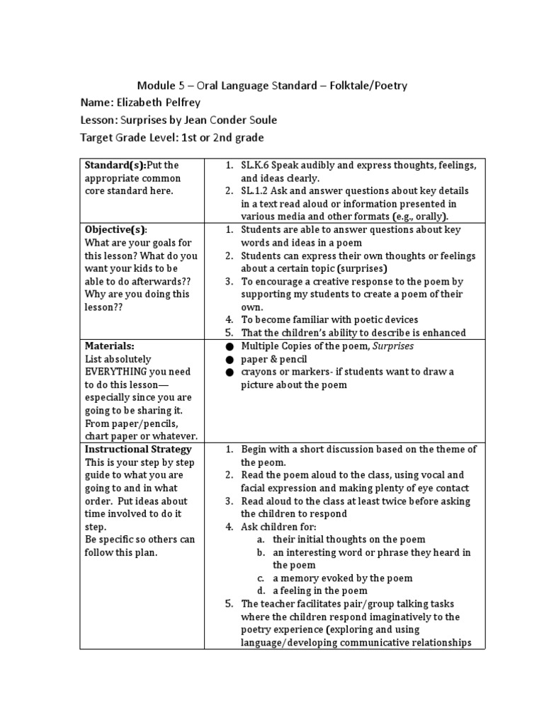 Oral Language Lesson Plan | PDF | Poetry | Question