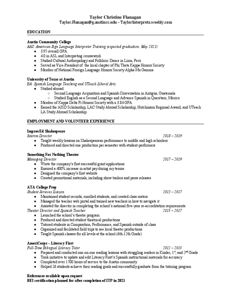 Flanagan Resume Interpreting | PDF | International Student | Literacy