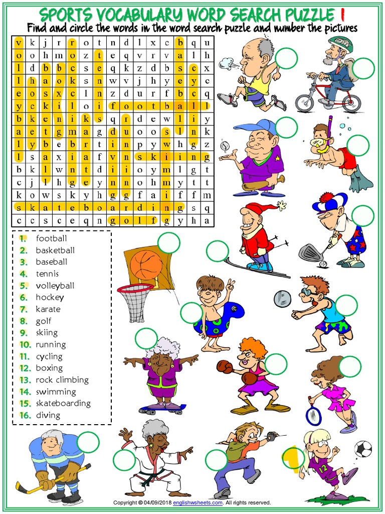 Sports Vocabulary Esl Word Search Puzzle Worksheets For Kids | PDF ...