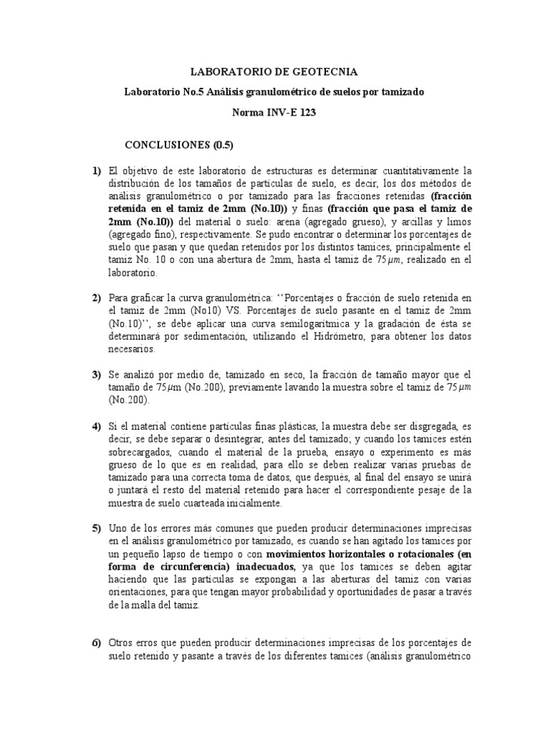 Conclusiones Lab. No.5-LABORATORIO DE GEOTECNIA | PDF | Mecánica de suelos | Suelo
