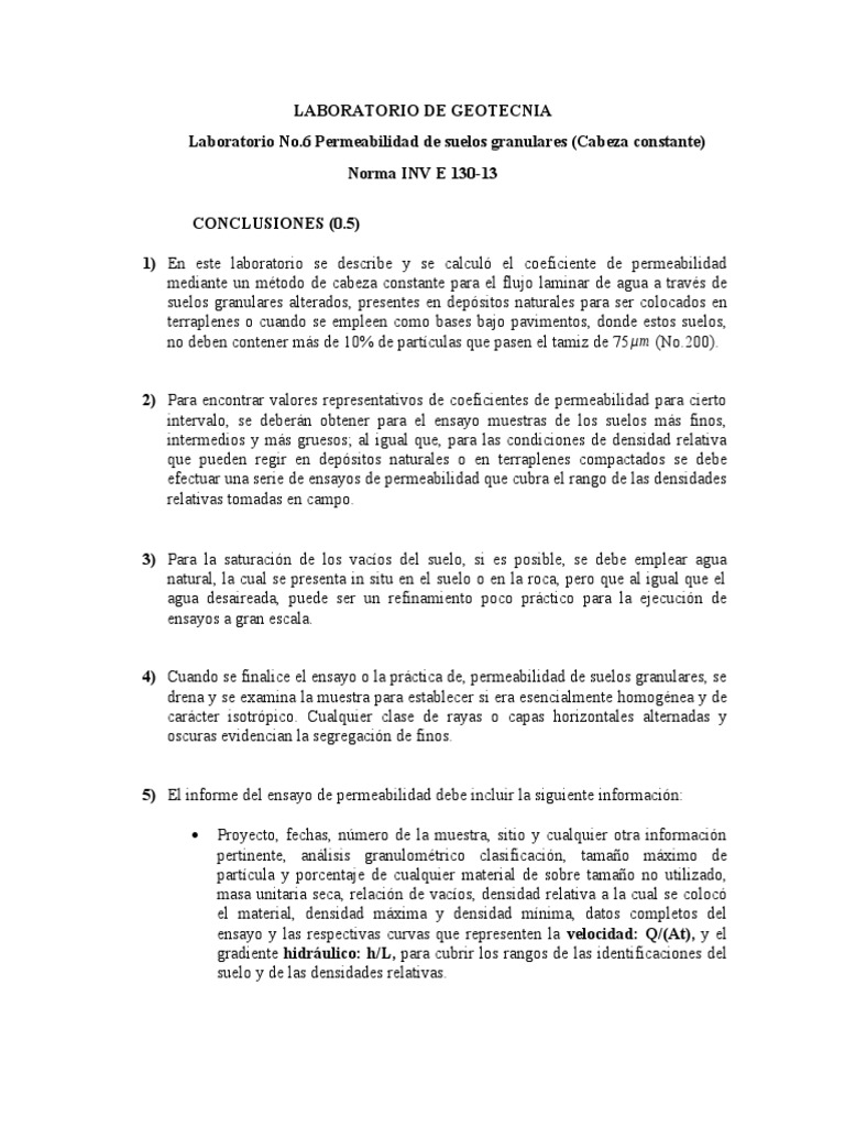 Conclusiones Lab. No.6-LABORATORIO DE GEOTECNIA | Descargar gratis PDF | Permeabilidad (Ciencias ...