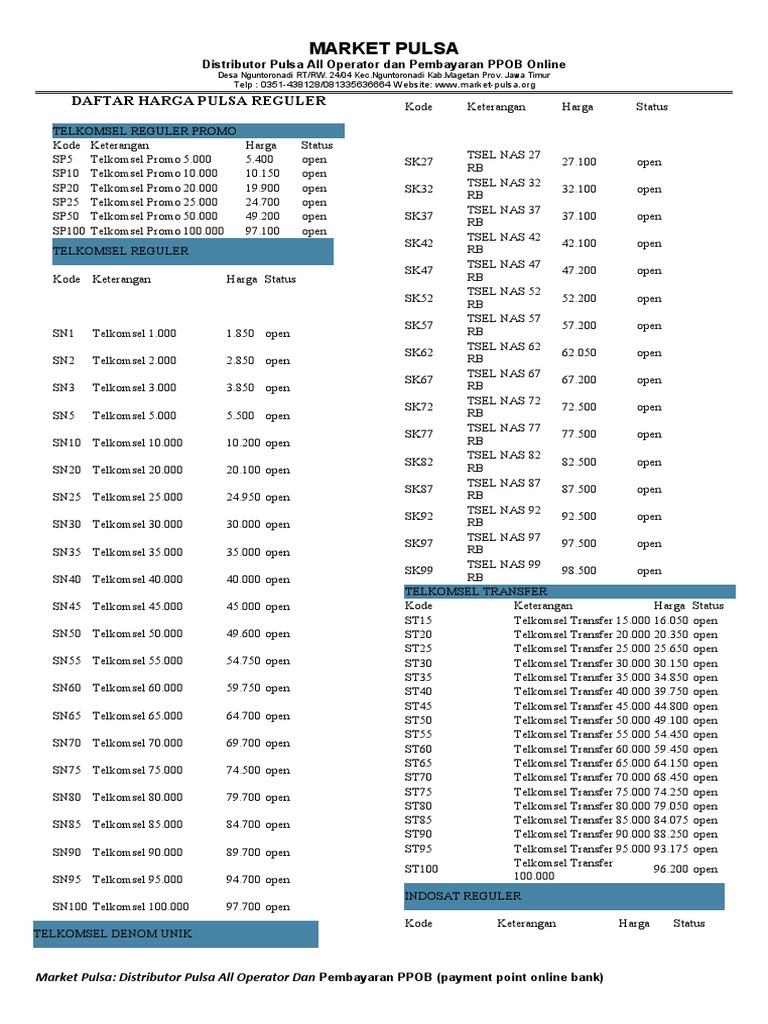 Market Pulsa: Daftar Harga Pulsa Reguler | PDF | Videotelephony ...