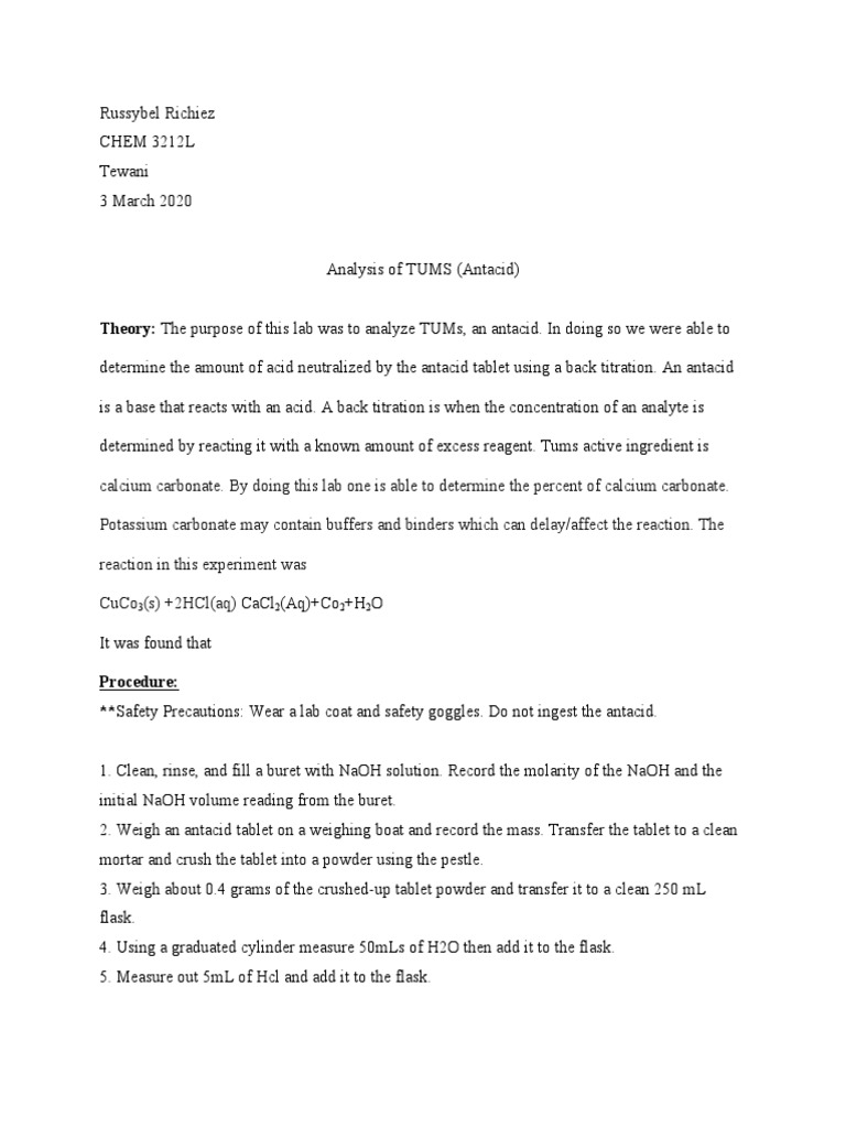 Tums Lab Report | PDF | Titration | Chemistry