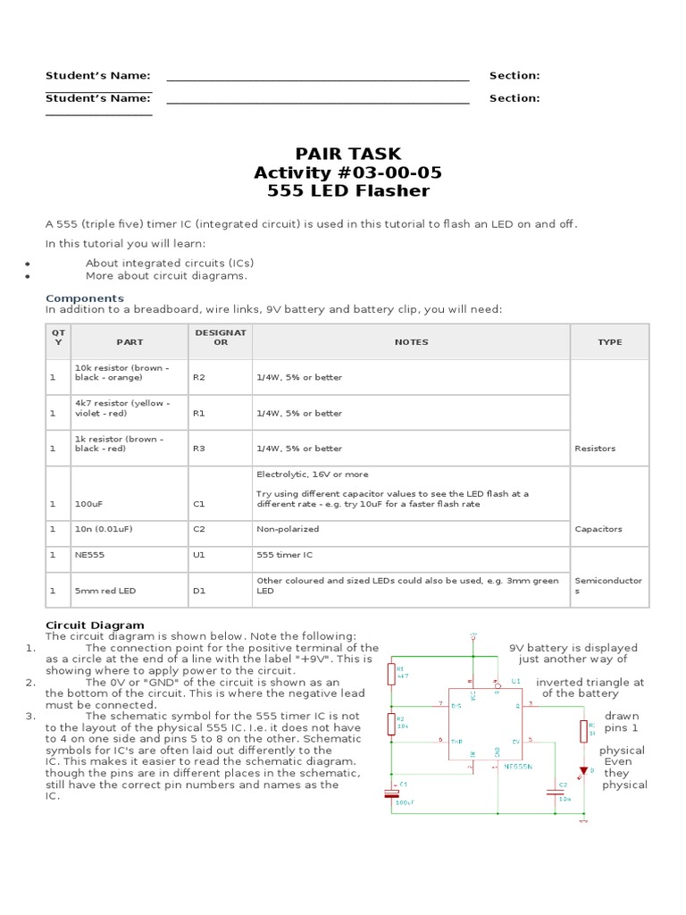 Pair Task Activity #03-00-05 555 LED Flasher: Components | PDF | Electronic Circuits | Computer ...