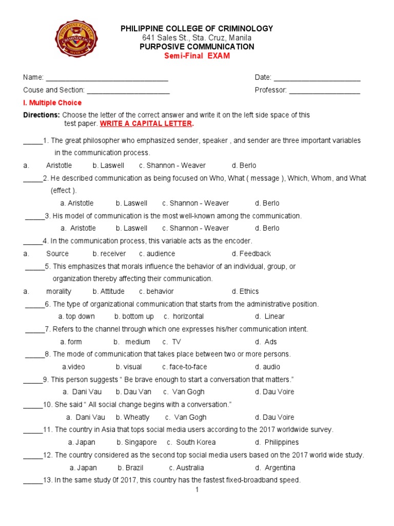 Purposive Communication Final Exam 2nd Sem 2019 | PDF | Social Media ...