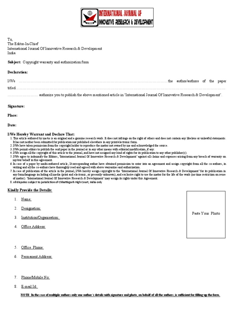 Author Declaration Form - IJIRD | PDF | Copyright | Intellectual Works