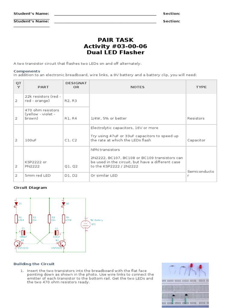 Pair Task Activity #03-00-06 Dual LED Flasher: Components | PDF | Electronic Circuits | Transistor
