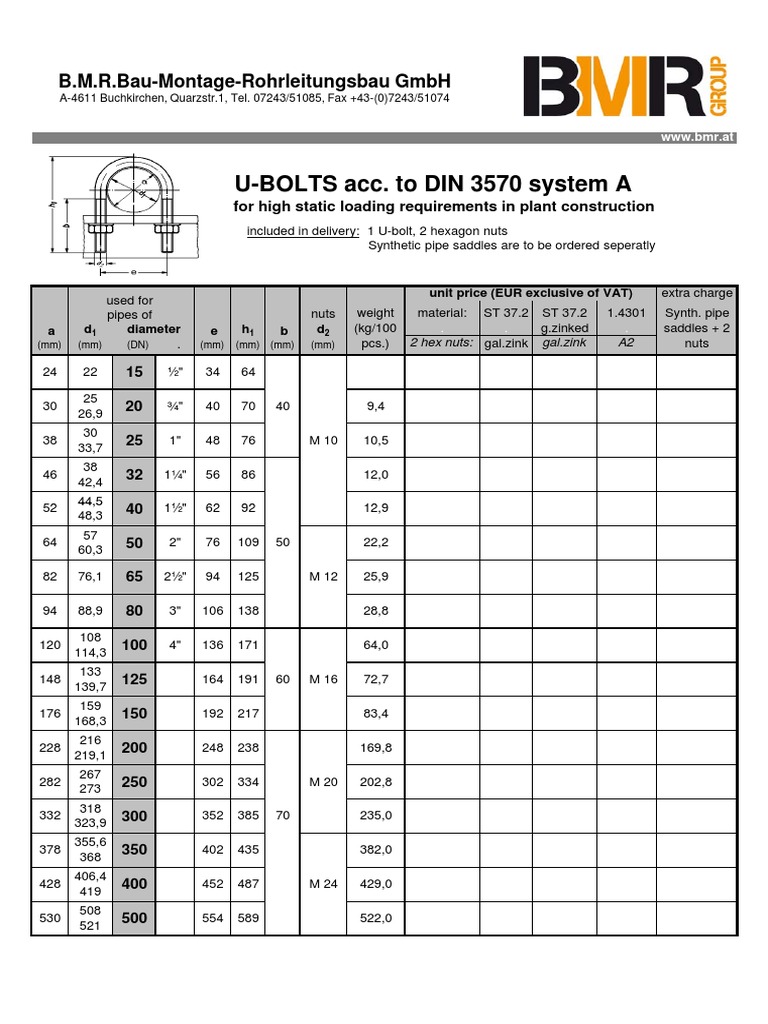 U-Bolts Acc. To Din 3570 System A: B.M.R.Bau-Montage-Rohrleitungsbau GMBH | PDF