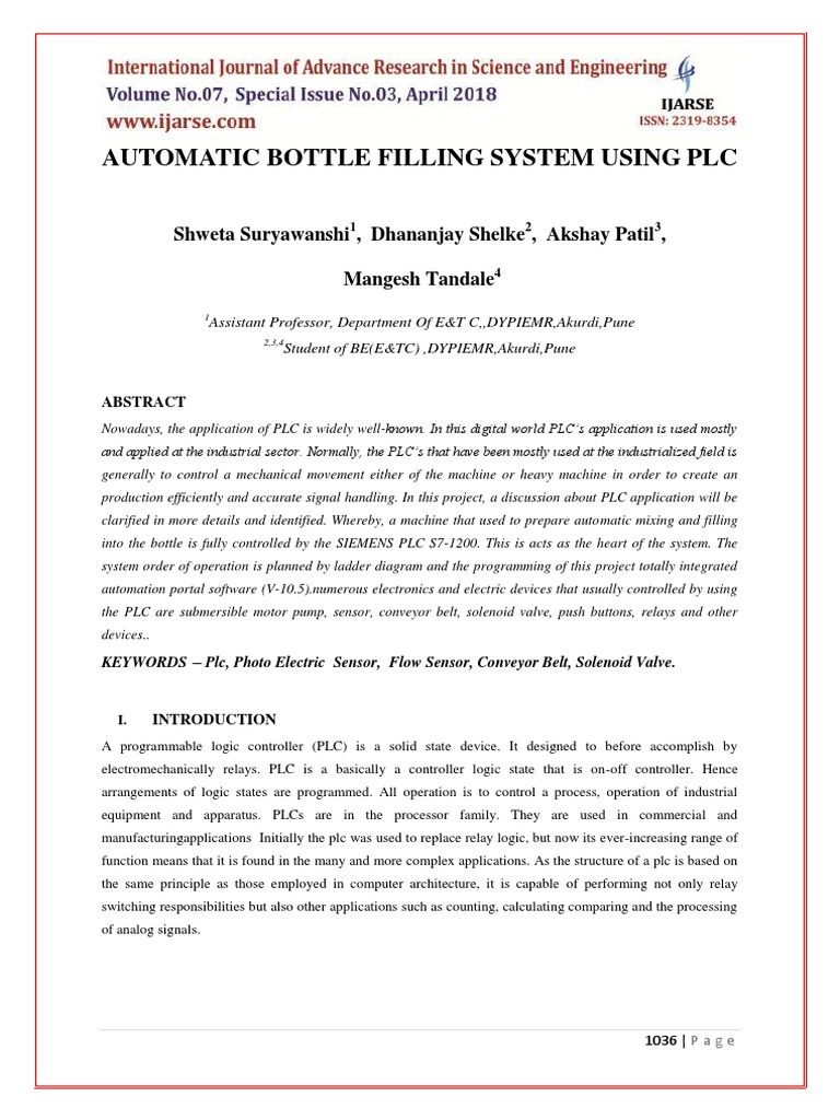 Automatic Bottle Filling System Using PLC: Shweta Suryawanshi, Dhananjay Shelke, Akshay Patil ...
