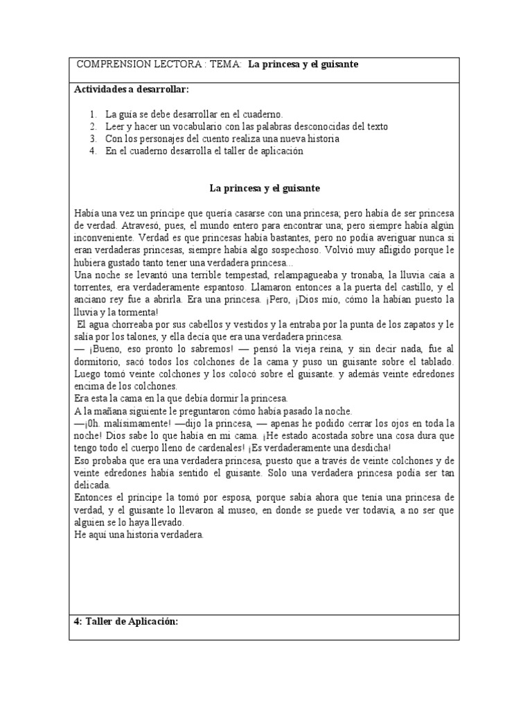 Actividades de Comprensión: La Princesa y el Guisante | PDF