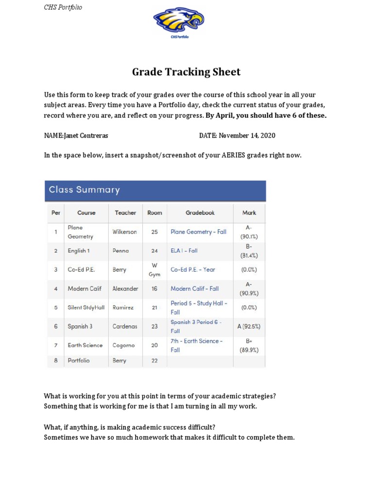 Grade Tracking Sheet 1 | PDF