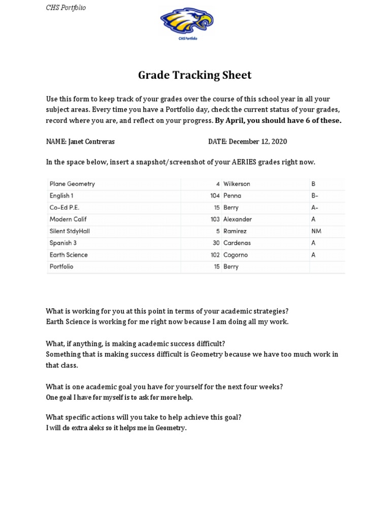 Grade Tracking Sheet 2 | PDF