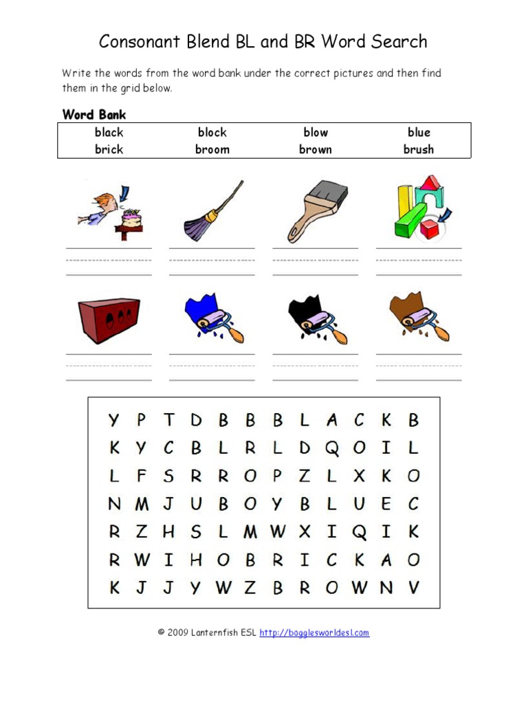 Consonant Blend BL and BR Word Search: Black Block Blow Blue Brick ...