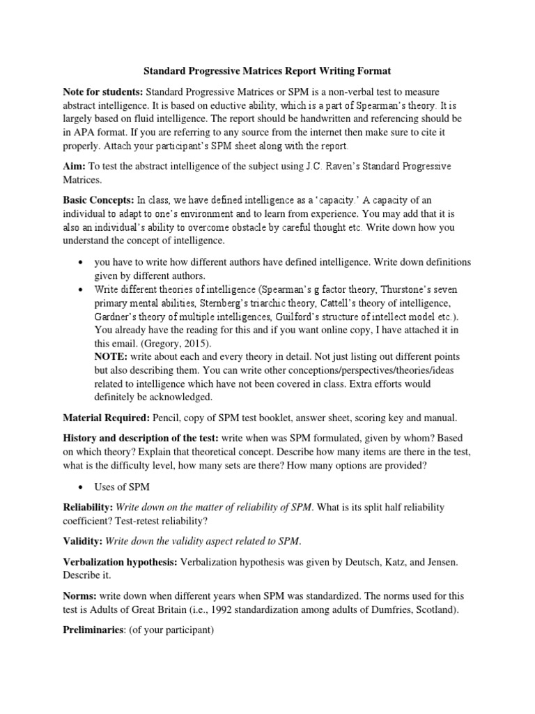 Standard Progressive Matrices (SPM) Report Writing Format PDF | PDF ...