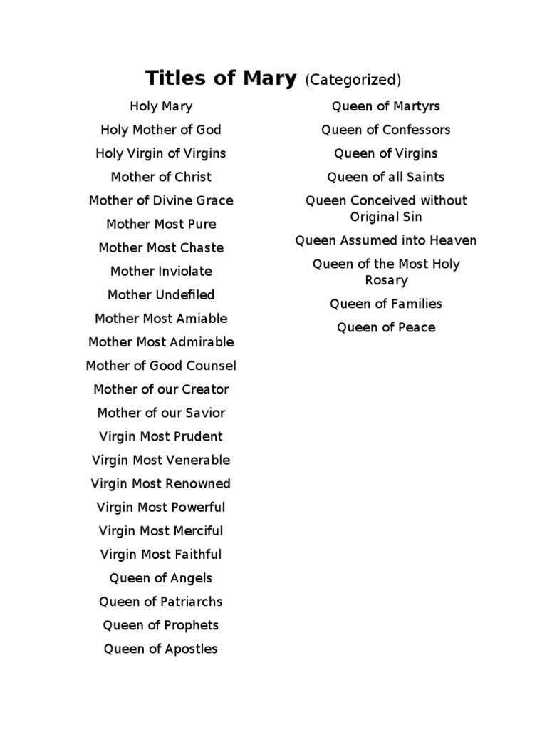 Titles of Mary: (Categorized) | PDF | Mary, Mother Of Jesus | Catholic ...