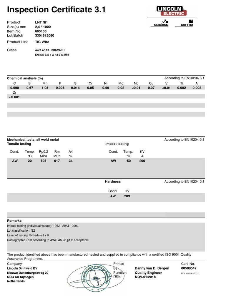 22 LNT Ni1 (ER80S-Ni1) 2.4mm 3.1 MTC | PDF