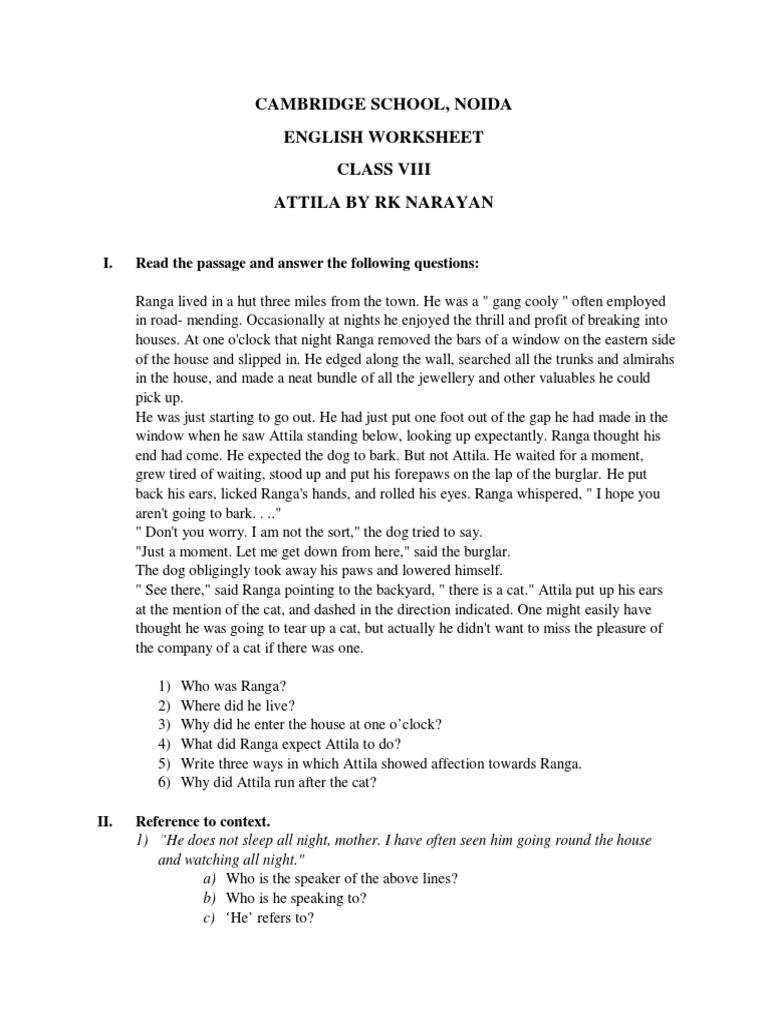 Cambridge School, Noida English Worksheet Class Viii Attila by RK Narayan | PDF