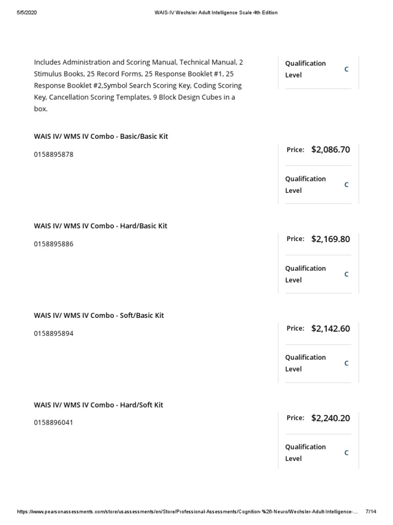 WAIS-IV Intelligence Scale Kits Pricing | PDF | Wechsler Adult ...