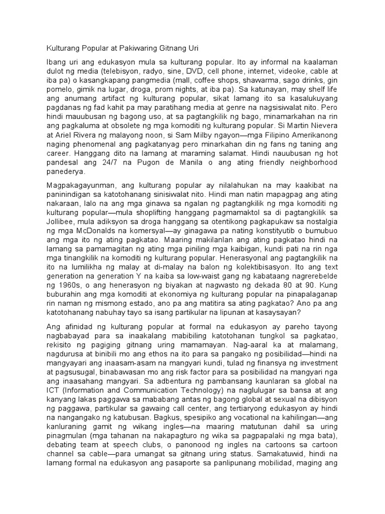 Kulturang Popular at Pakiwaring Gitnang Uri 2 | PDF