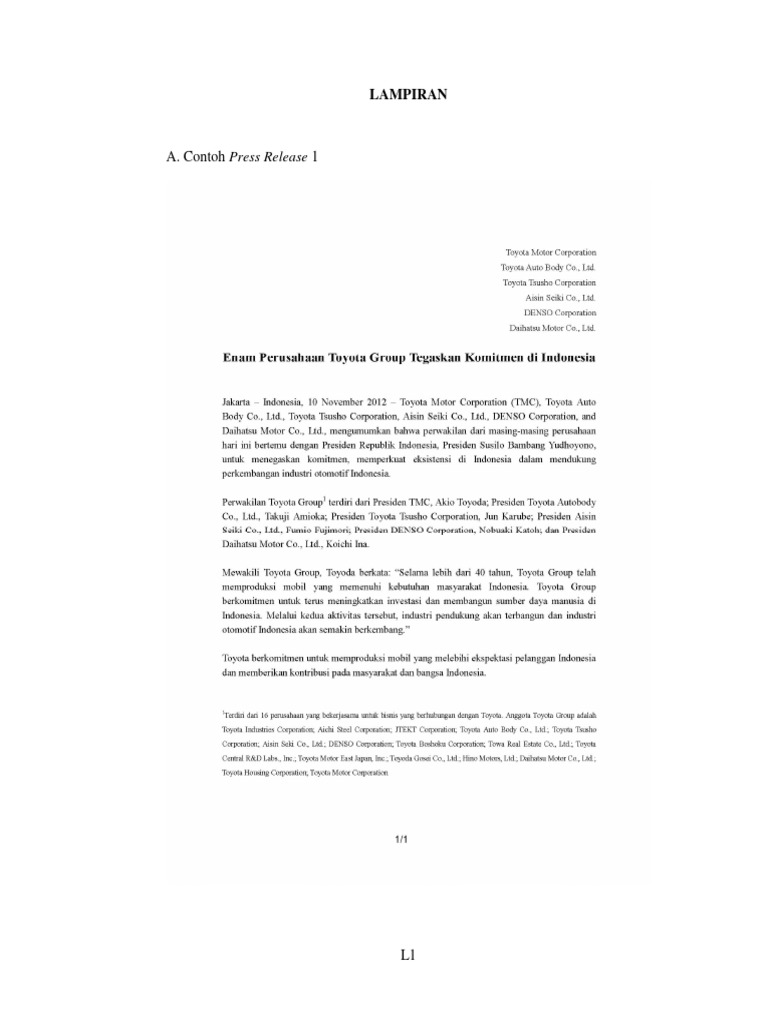 Contoh Press Release Perusahaan Toyota | PDF