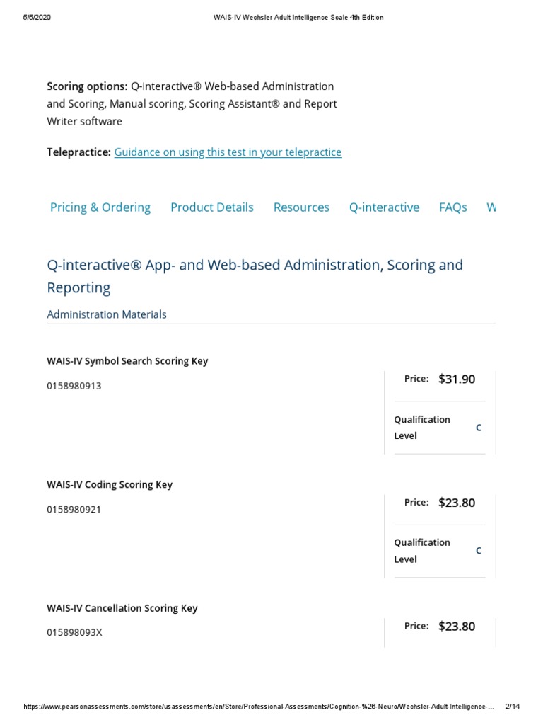 New WAIS-IV Wechsler Adult Intelligence Scale 4th Edition | PDF