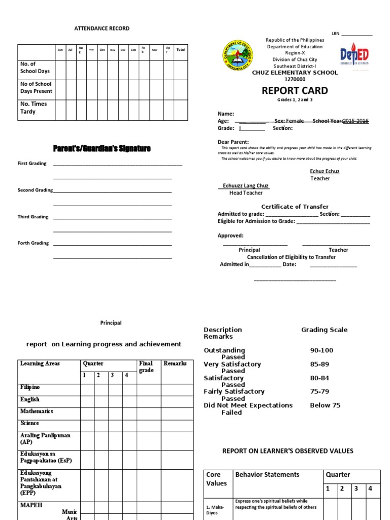 Student Progress Report for Chuz Elementary School | PDF | Value ...