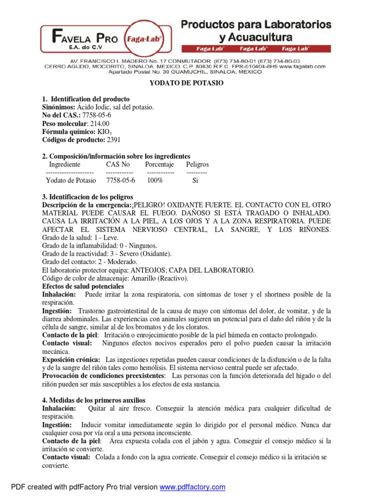 Yodato de Potasio - Ficha | PDF | Potasio | Dieta y nutrición