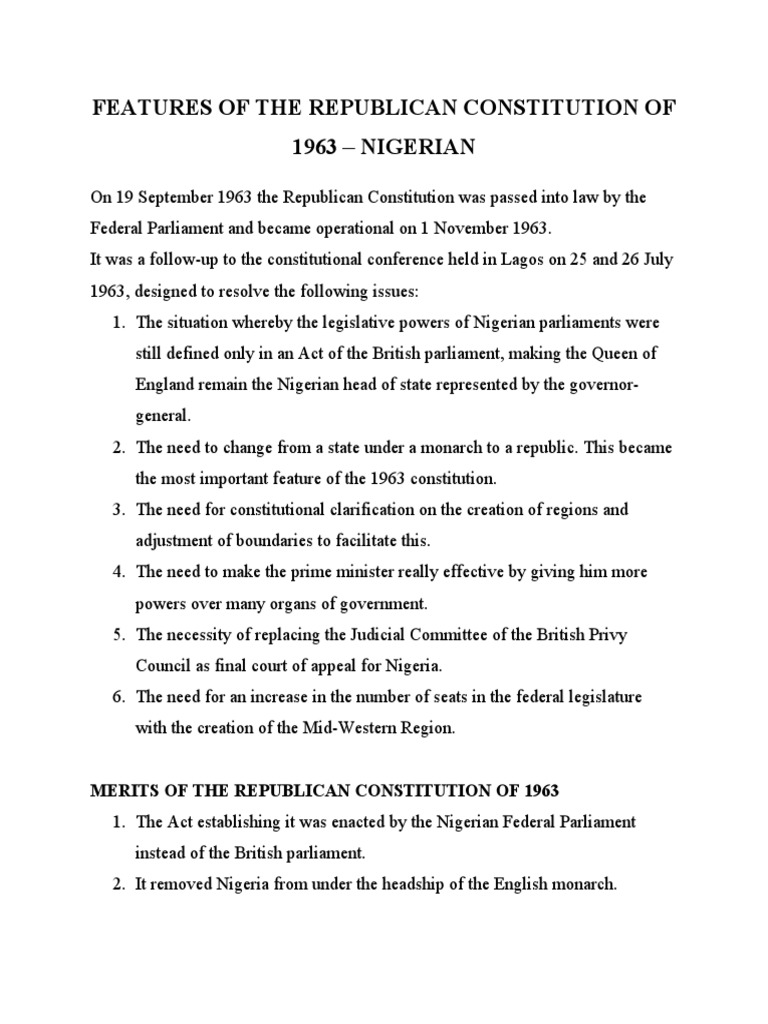 Features of The Republican Constitution of 1963 - NIGERIAN | PDF
